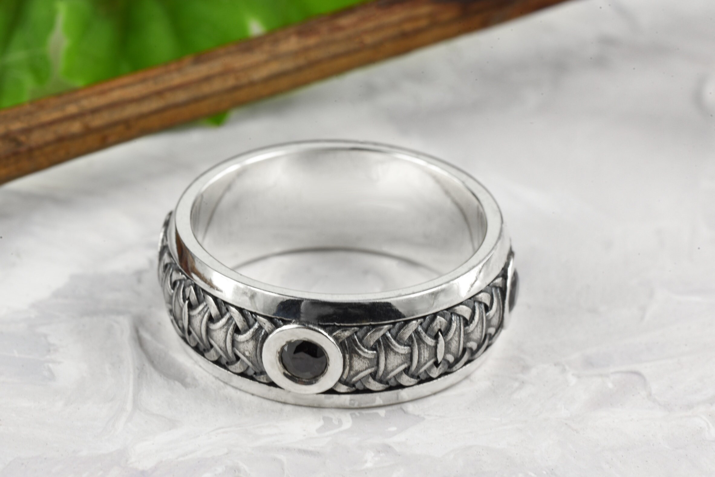 Silver black stone ring viking arm ring mens silver ring | Etsy