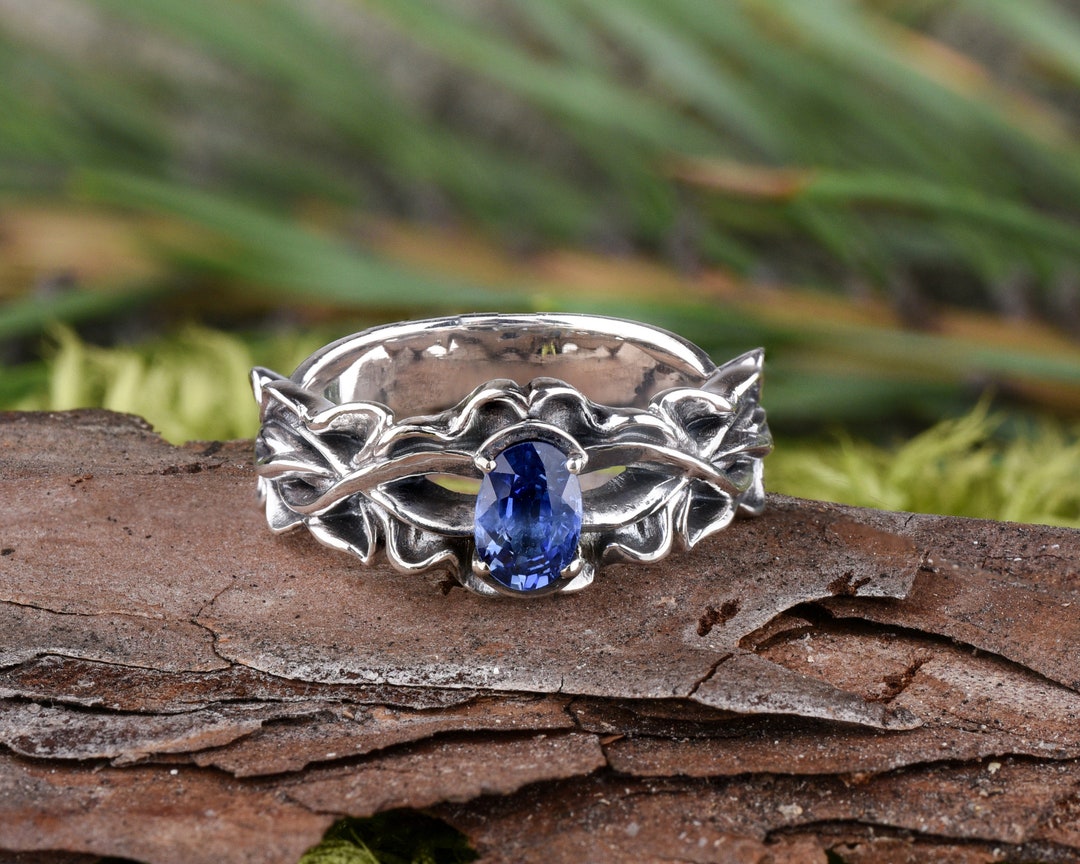 Blue Sapphire Gothic Engagement Ring, Black Thorn Ring, Silver Vine ...