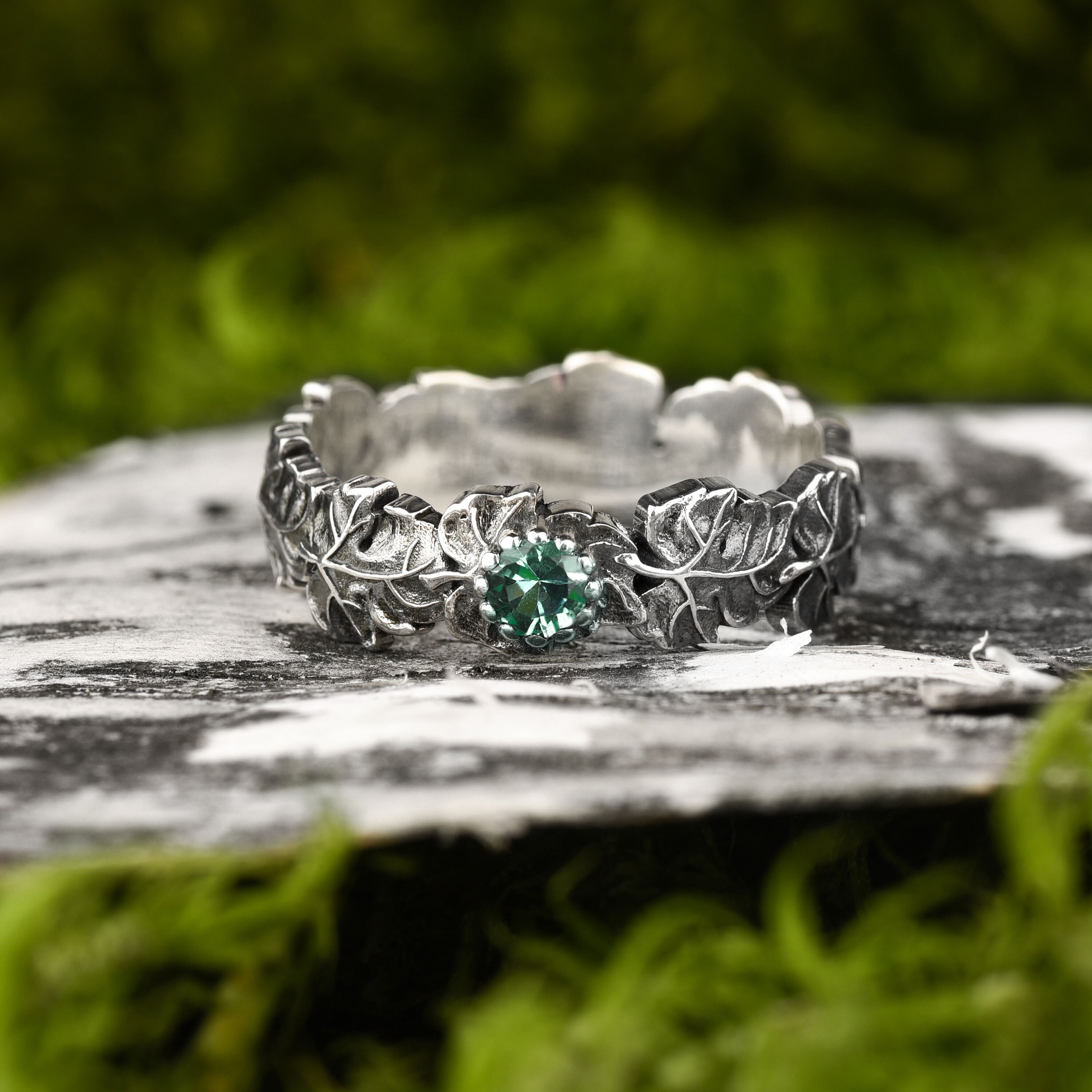 Green Promise Ring Set, Emerald Green Wedding Ring Set, Leaf Rings - Etsy