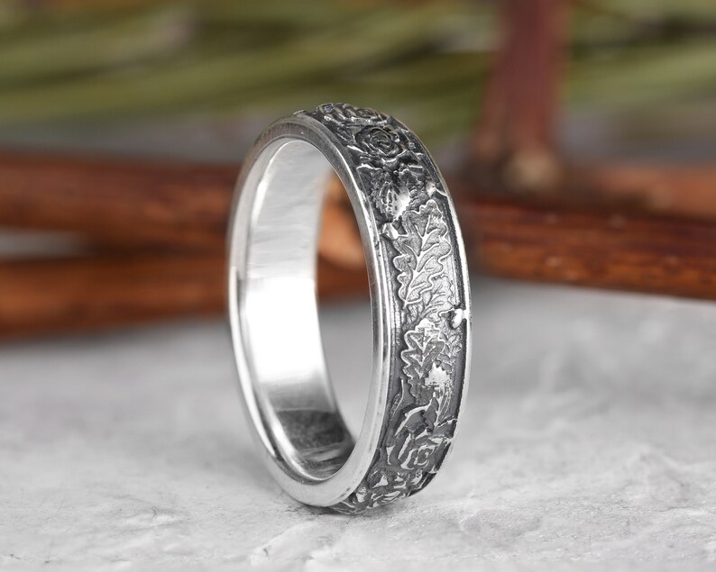 Rose & oak leaf ring Druid silver band woodland wedding | Etsy