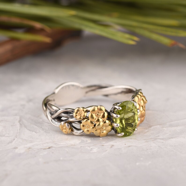 Sterling Silver Ring Peridot Large Peridot Ring Flower Leaf | Etsy
