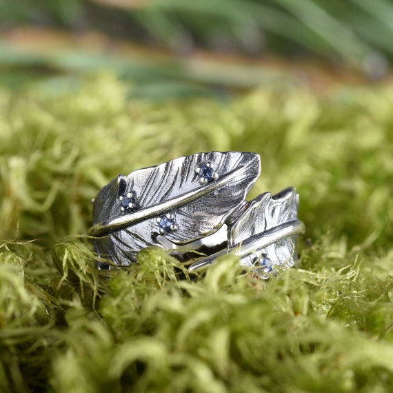 Feather Thumb Ring With Sapphire 925 Sterling Silver Wrap Ring Aesthetic Rings Etsy