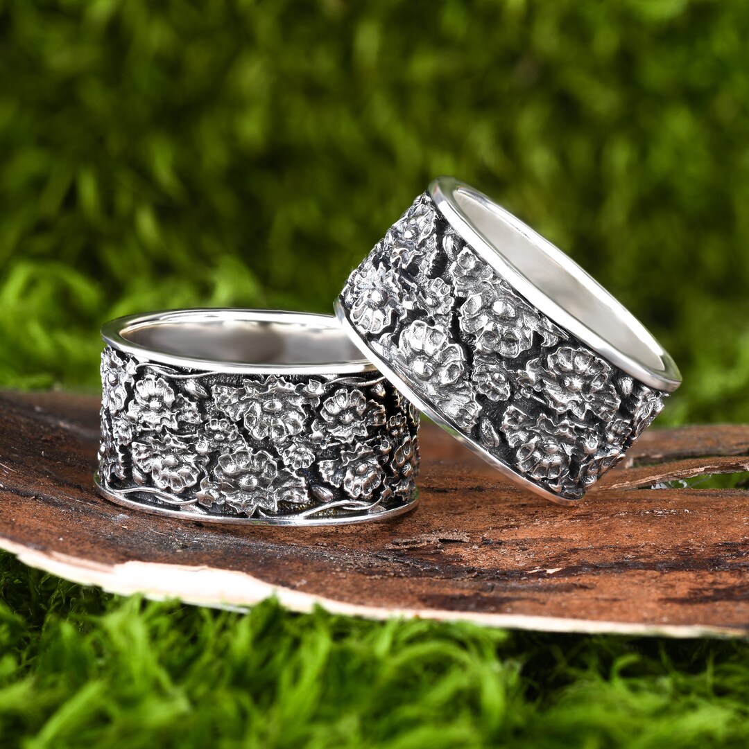 Poppy Flower Rings, Leaf and Vine Band Ring, Womens Wedding Band Set ...
