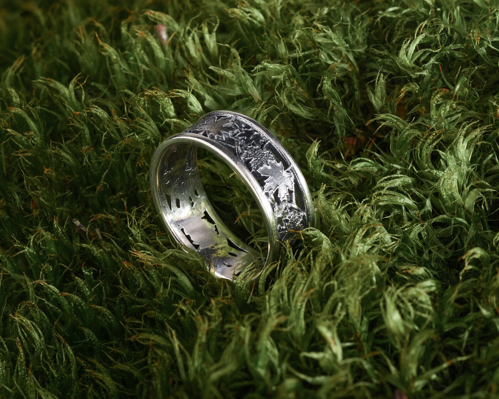 Maple leaves design ring soild silver carved band custom | Etsy