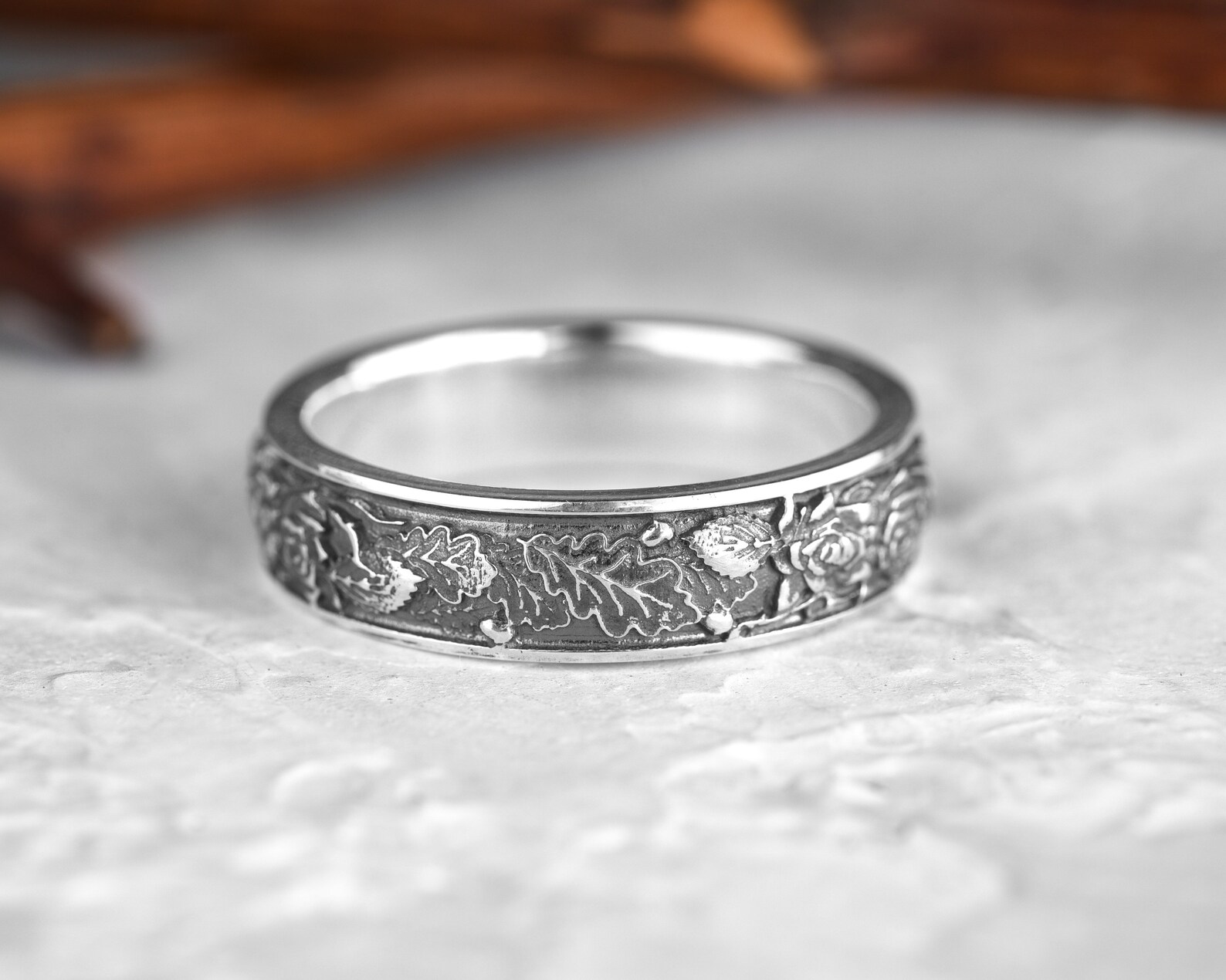 Rose & Oak Leaf Ring Druid Silver Band Woodland Wedding - Etsy