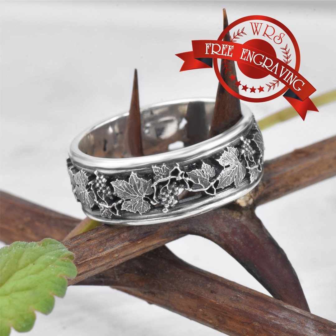 Sterling Silver Vine, Grape and Leaves Ring as Wine Lover Gift: 925 Silver Boho Ring as ...