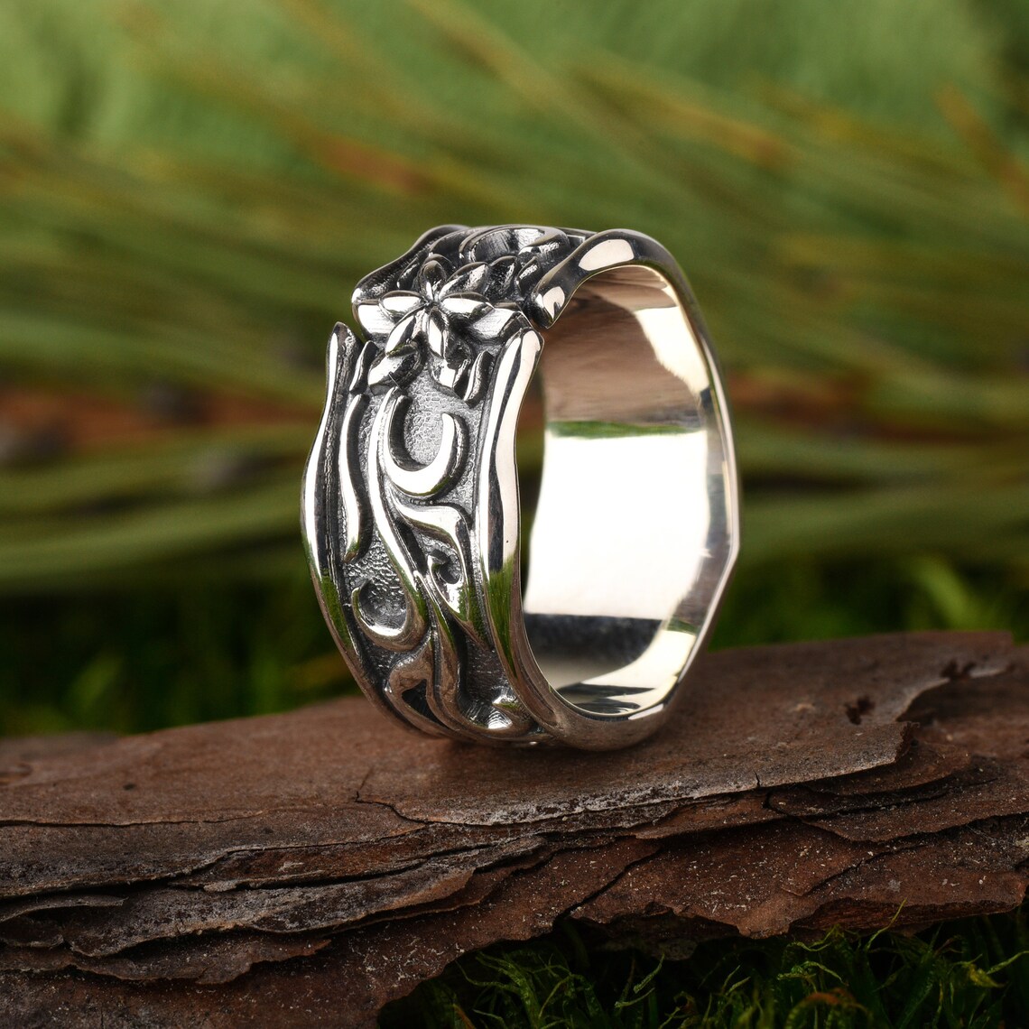 Floral pattern silver ring Celtic wedding band alternative | Etsy