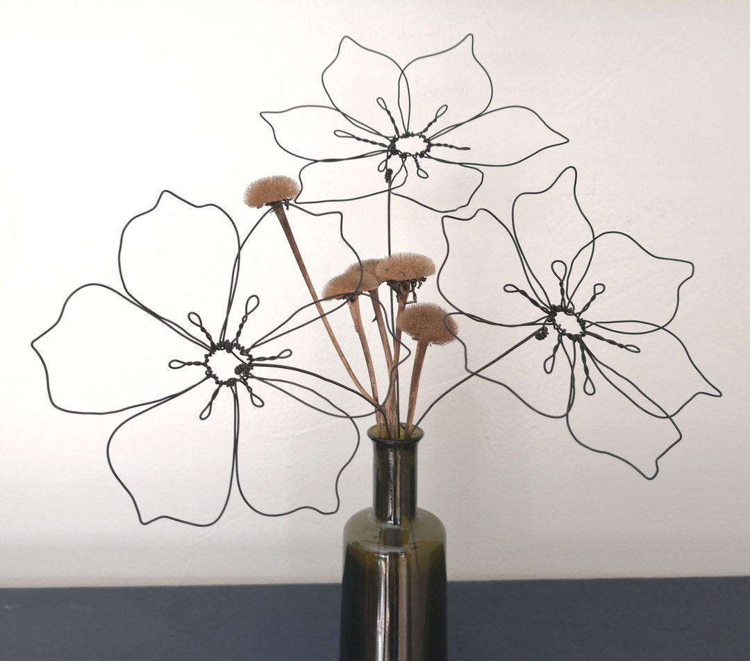 Bouquet of 3 Large Flowers in Black Annealed Wire, Minimalist ...