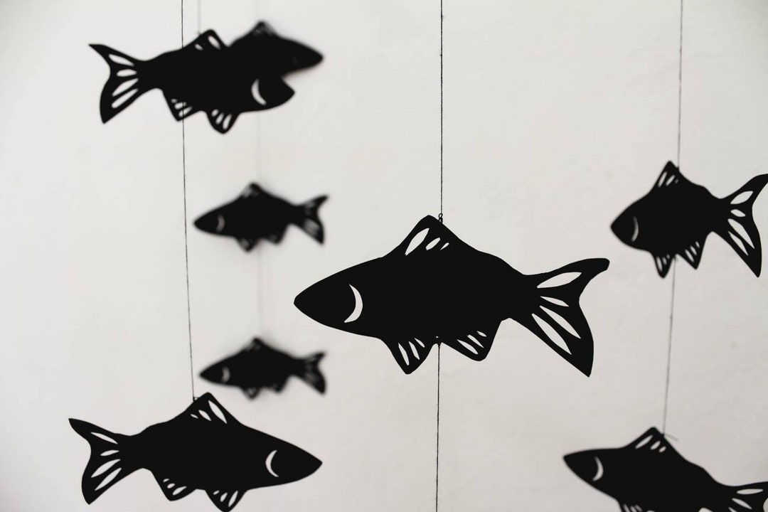 Openwork Black Fish Mobile in Cardboard Paper, Minimalist Kirigami Art ...