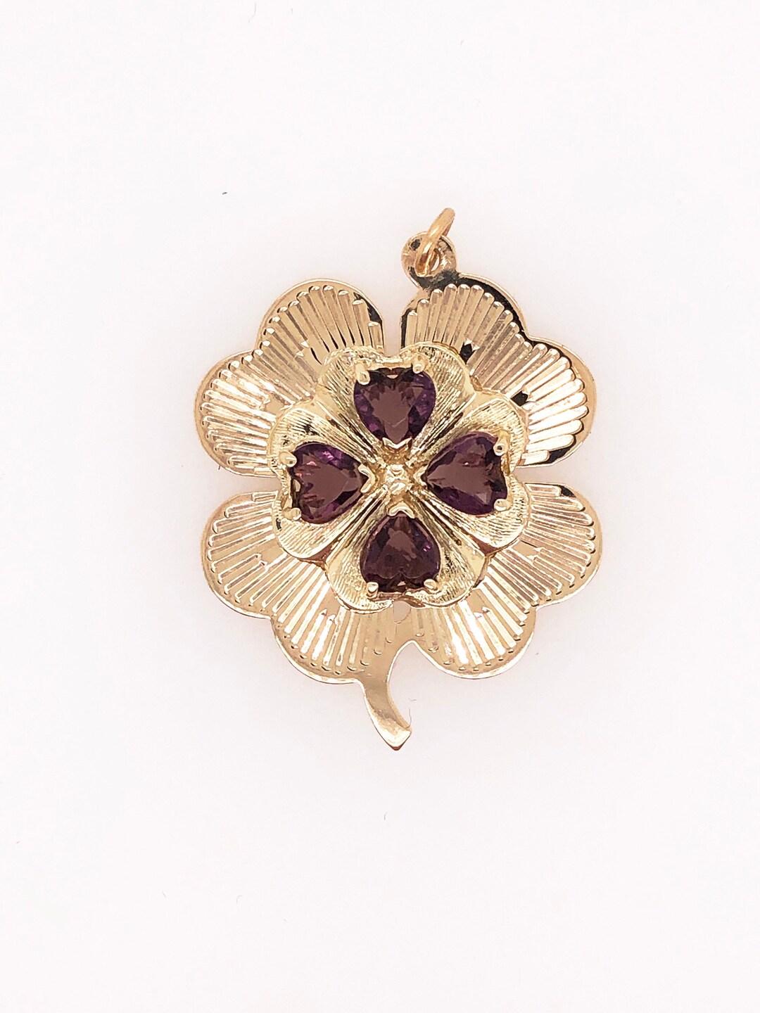 14k Yellow Gold Engine Turn Four Leaf Clover With Four Heart Shaped ...