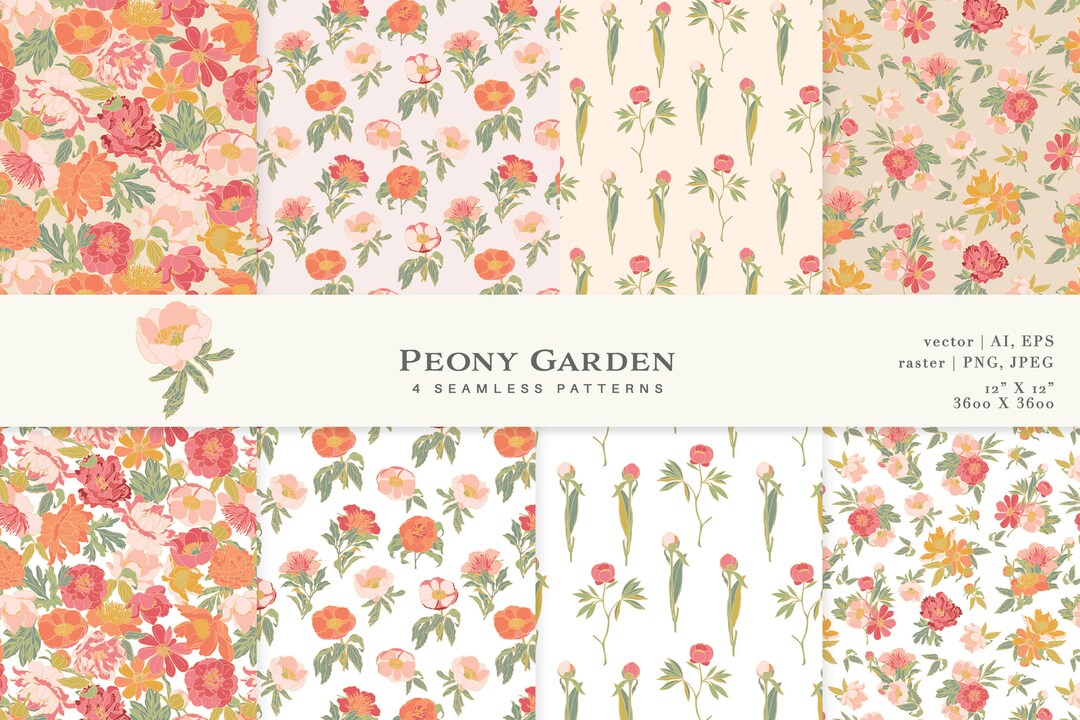 Hand Drawn Peony Digital Papers, Commercial Use, Floral Scrapbook Paper ...