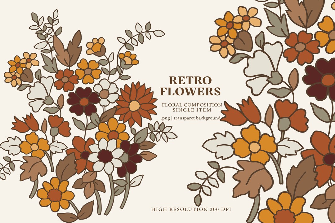 Retro Flowers Clipart, Single Item, Floral Composition Clipart, Neutral ...