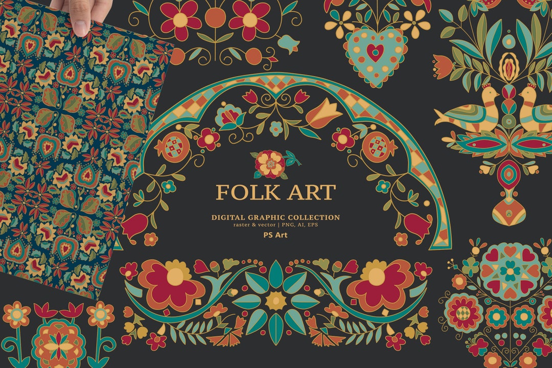 Folk Art Illustrations and Patterns, Digital Floral Clipart, Folk Art ...