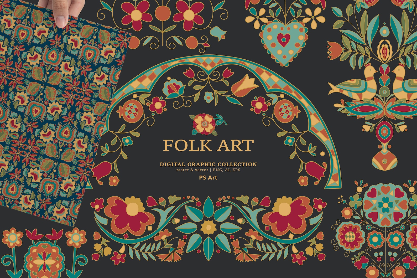 Folk Art Illustrations and Patterns, Digital Floral Clipart, Folk Art ...