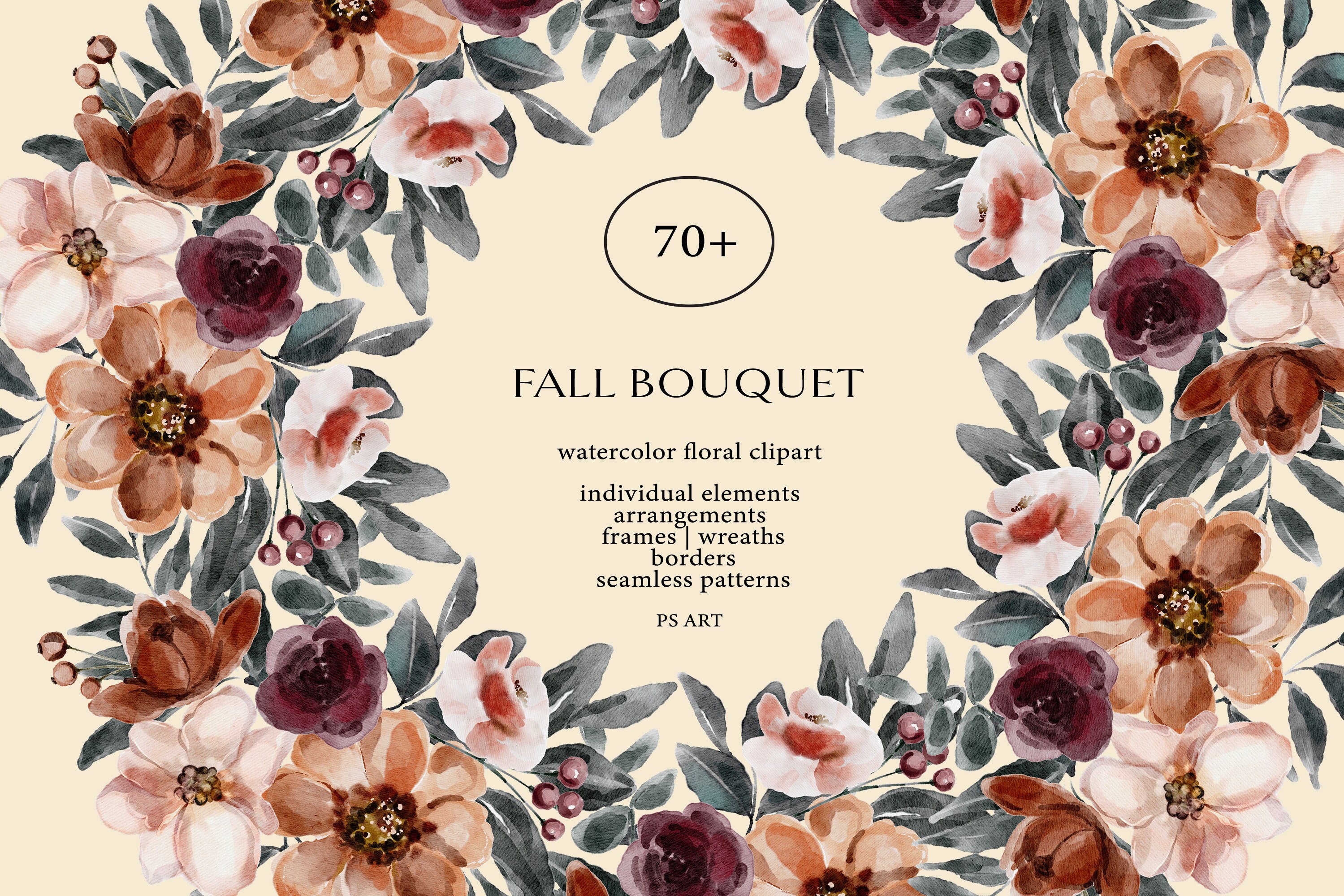 Autumn Watercolor Floral Clipart, Pumpkin Clipart, Berry and Pumpkin ...