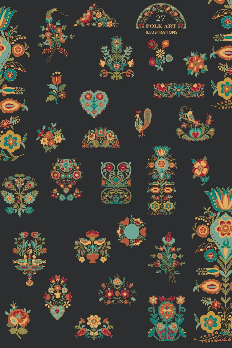 Folk Art Illustrations Digital Floral Clipart Vector - Etsy