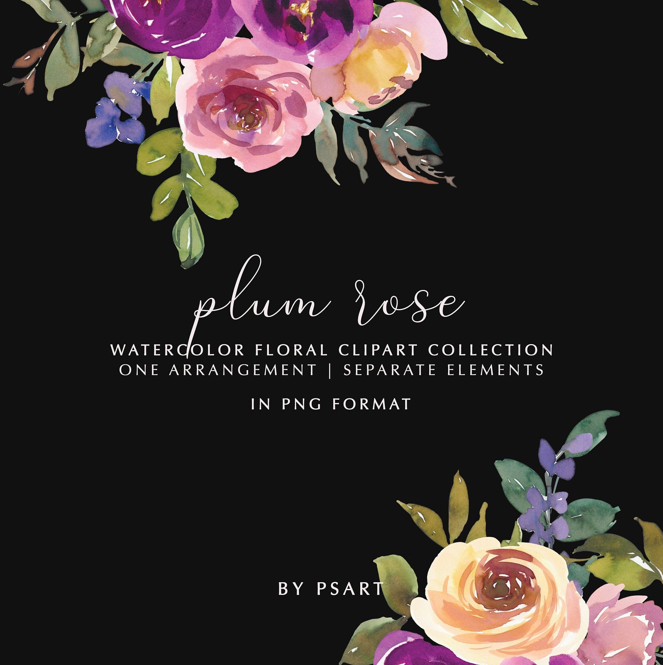 Plum Rose Watercolor Floral Clipart Bouquet and Separate - Etsy