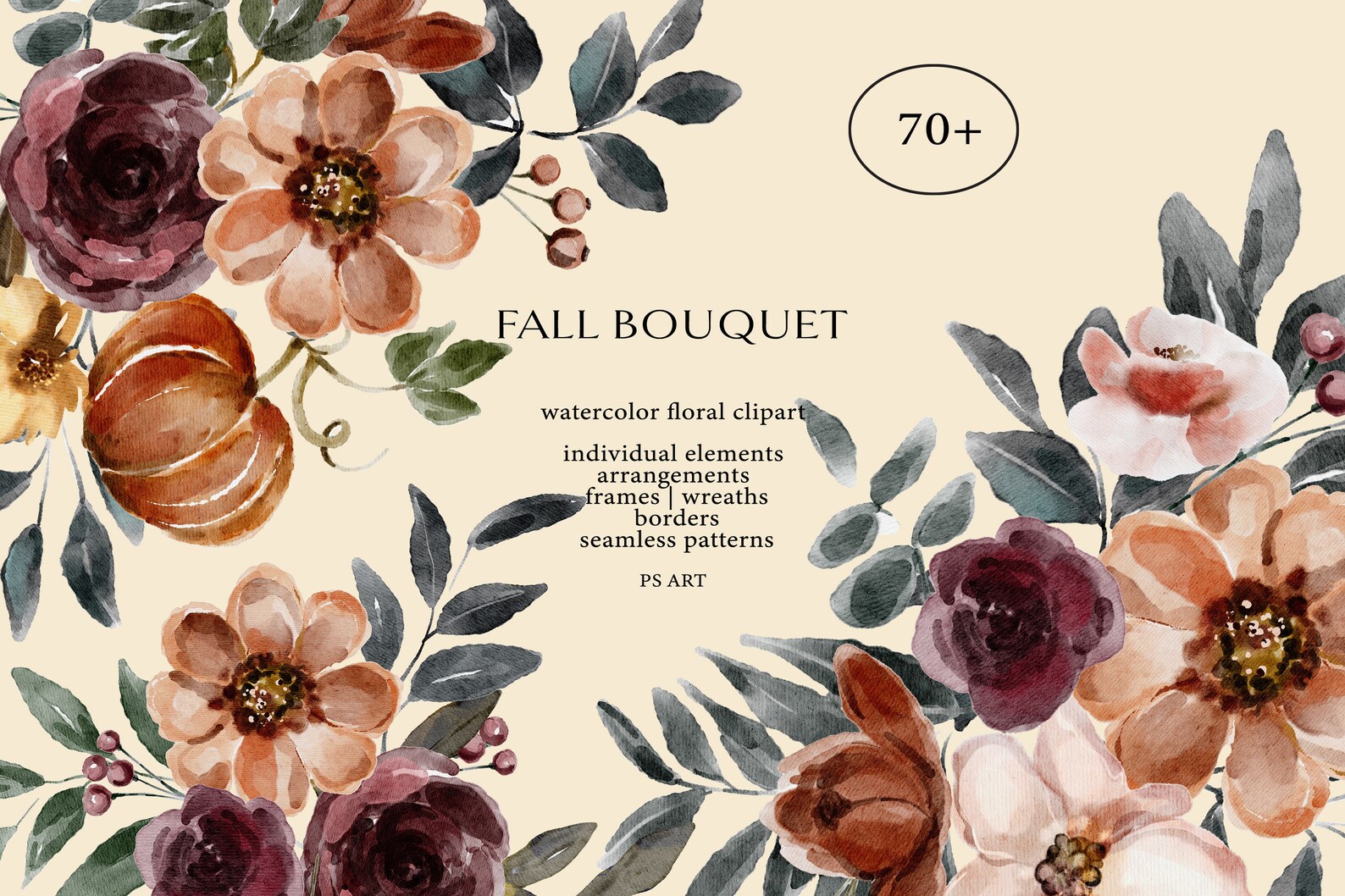 Autumn Watercolor Floral Clipart Pumpkin Clipart Berry and - Etsy