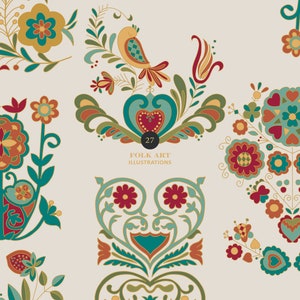 Folk Art Illustrations and Patterns, Digital Floral Clipart, Folk Art ...
