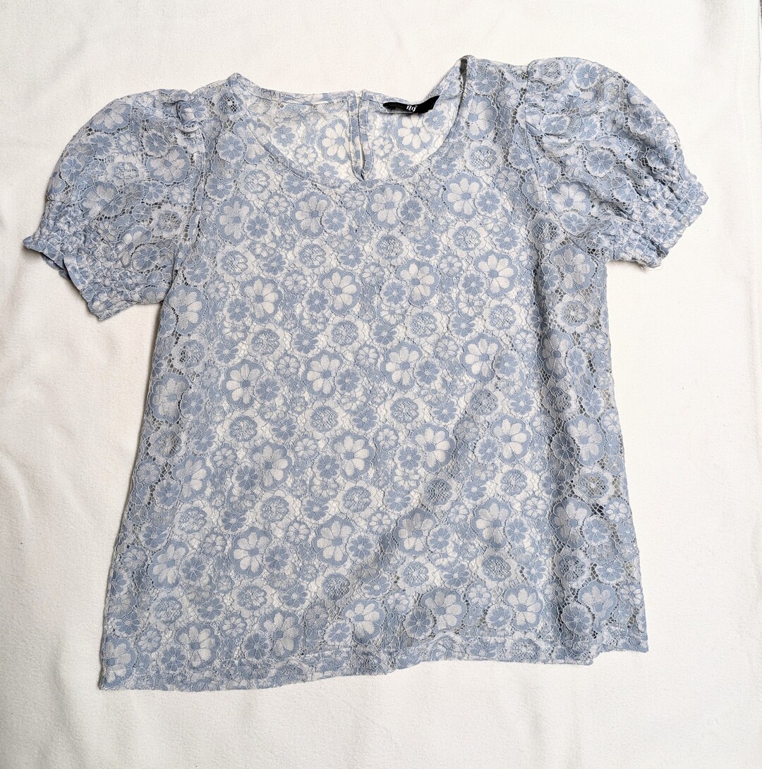 90s Lace Baby Doll Top. Powder Blue, Sheer Lace. Puff Sleeves, Crop ...