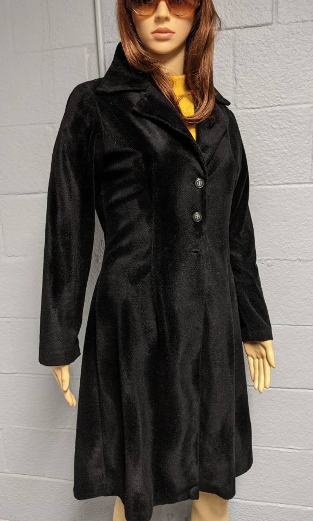 90s Black Plush Frock Coat 4 Button Below Knee Big Collar Size M 90s ...