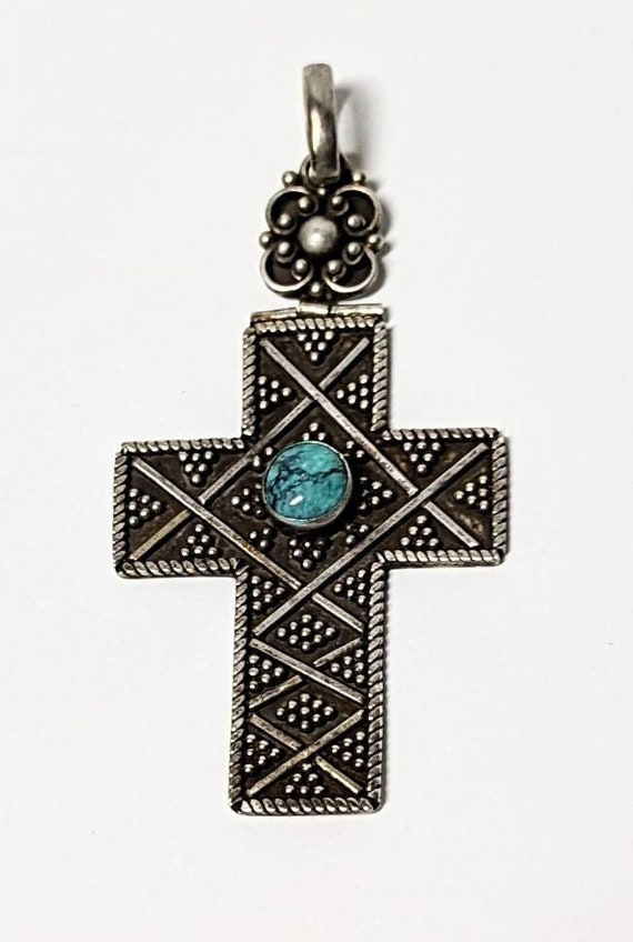 Vintage Sterling Silver Filigree Cross With Turquoise Accent - Etsy
