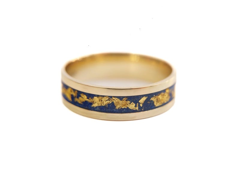 Lapis Lazuli Gold Leaf Inlay Ring: Solid Gold Flat Band - Etsy