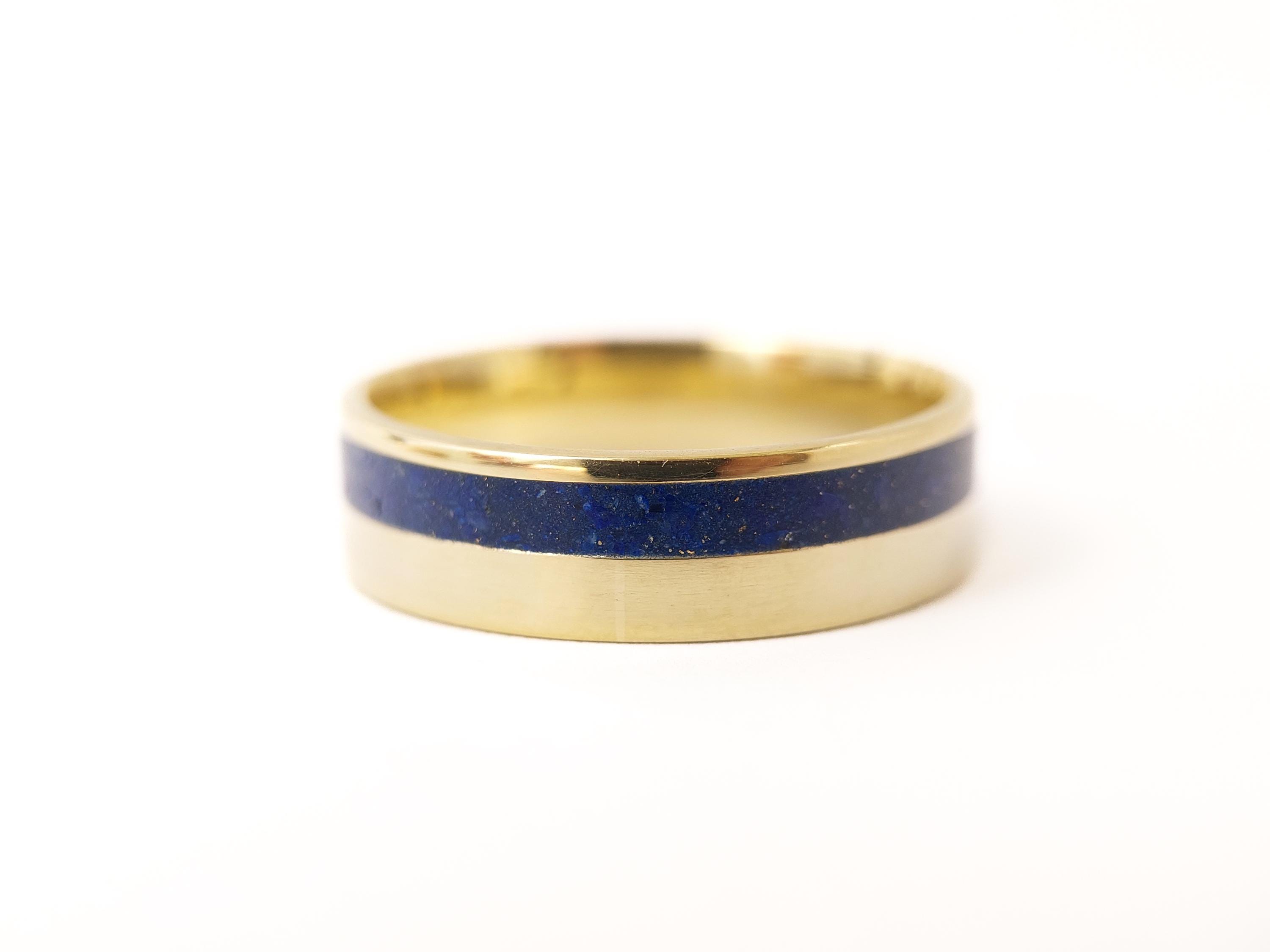 Solid Gold Ring in Lapis, 8/14/18K Band Inlaid With Chipped Offset ...