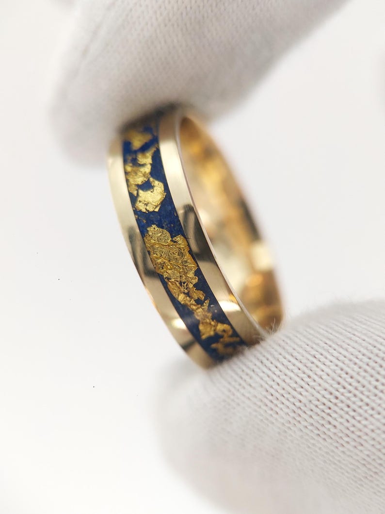 Lapis Lazuli Gold Leaf Inlay Ring: Solid Gold Flat Band - Etsy