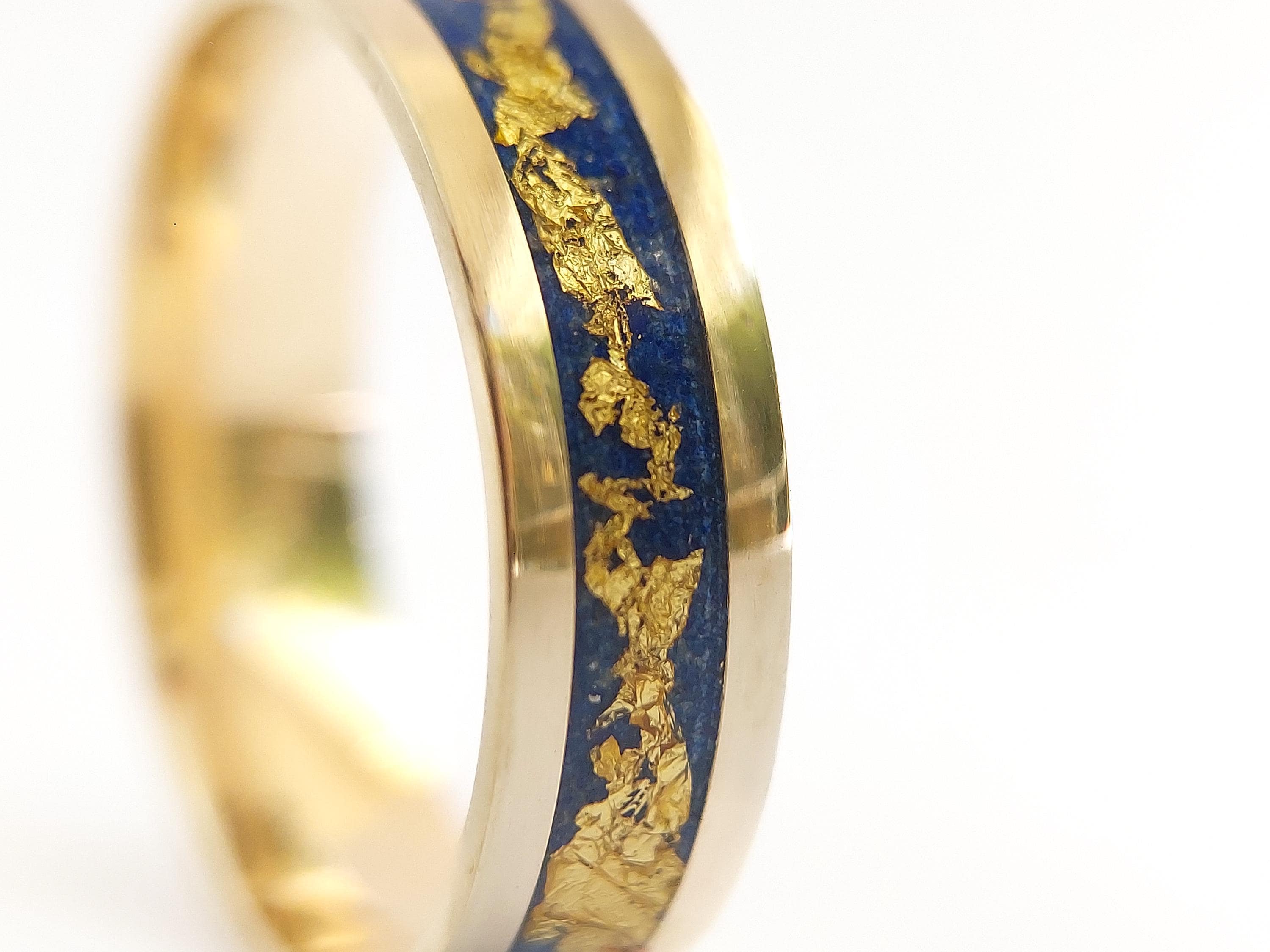 Lapis Lazuli Gold Leaf Inlay Ring: Solid Gold Flat Band - Etsy