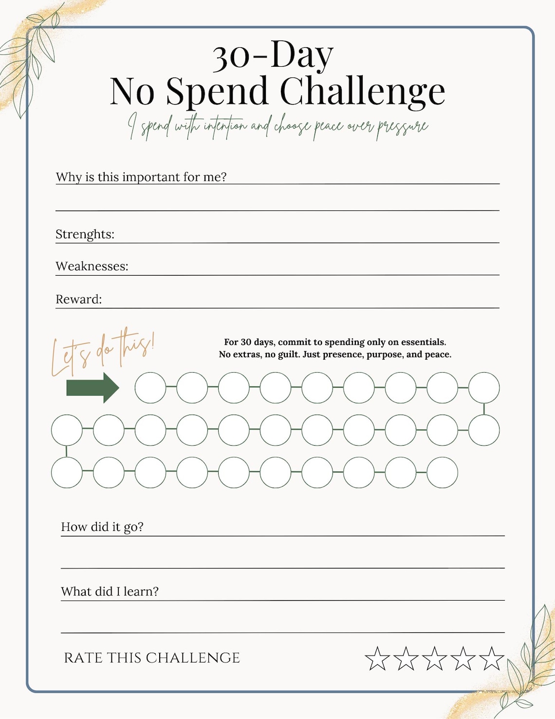 30-day No Spend Challenge Printable: Budget & Mindset Worksheet (PDF ...