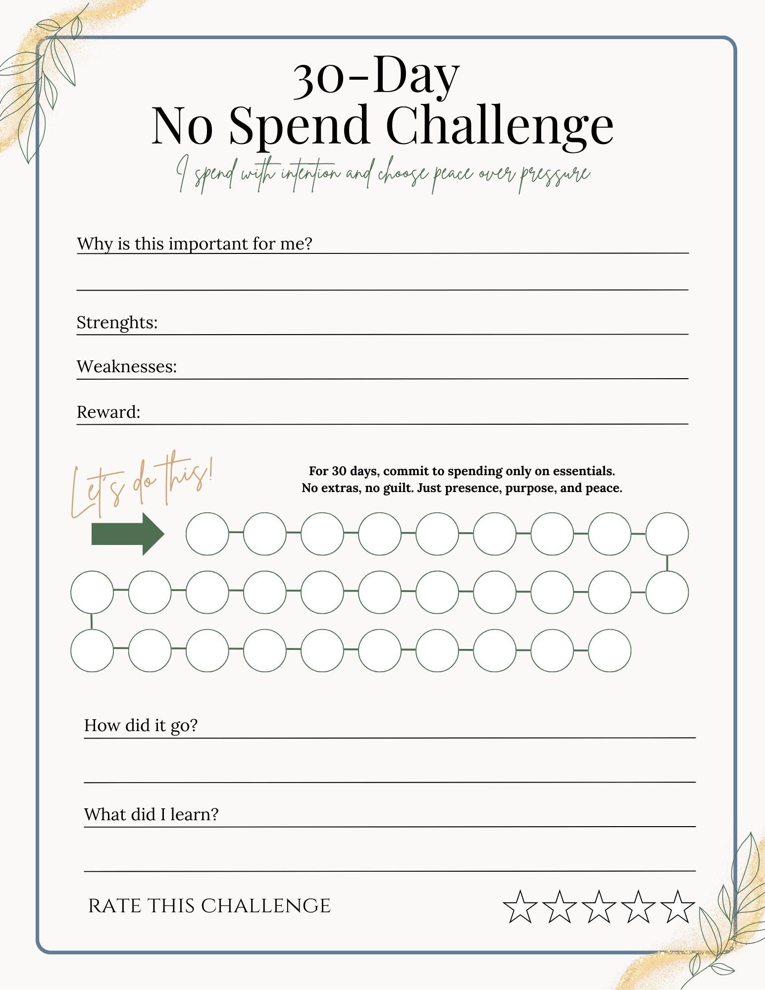 30-day No Spend Challenge Printable | Budget Tracker and Money Mindset Worksheet | Financial ...