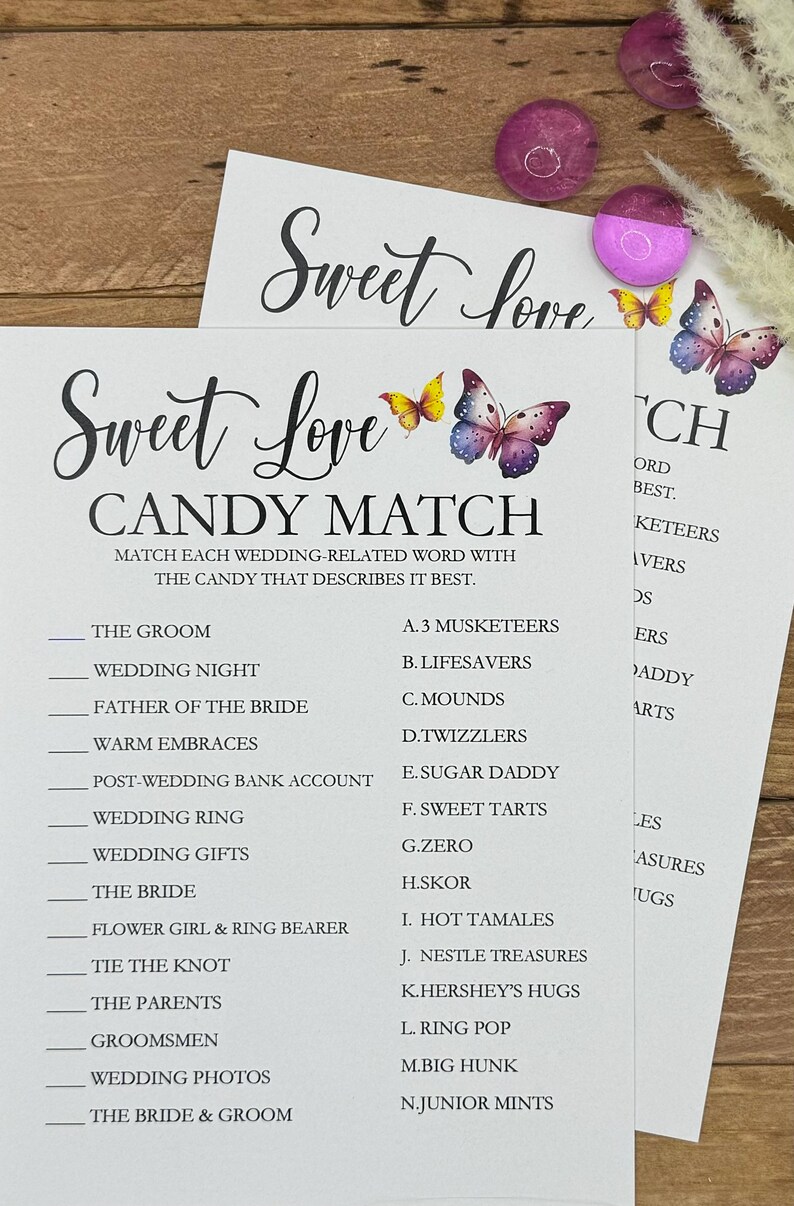 PRINTED Butterfly, Sweet Love Candy Match, Bridal Shower Wedding Game ...