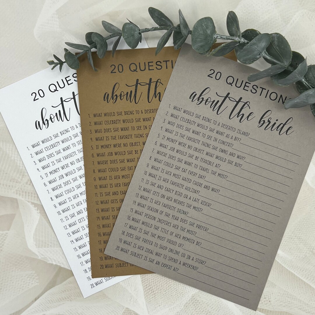 Bridal Shower Game: 20 Questions About the Bride, Kraft Cardstock (set ...