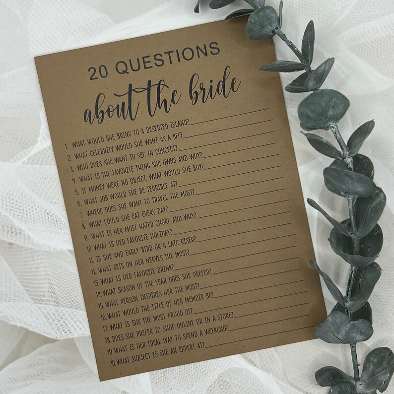 Bridal Shower Game: 20 Questions About the Bride, Kraft Cardstock (set ...