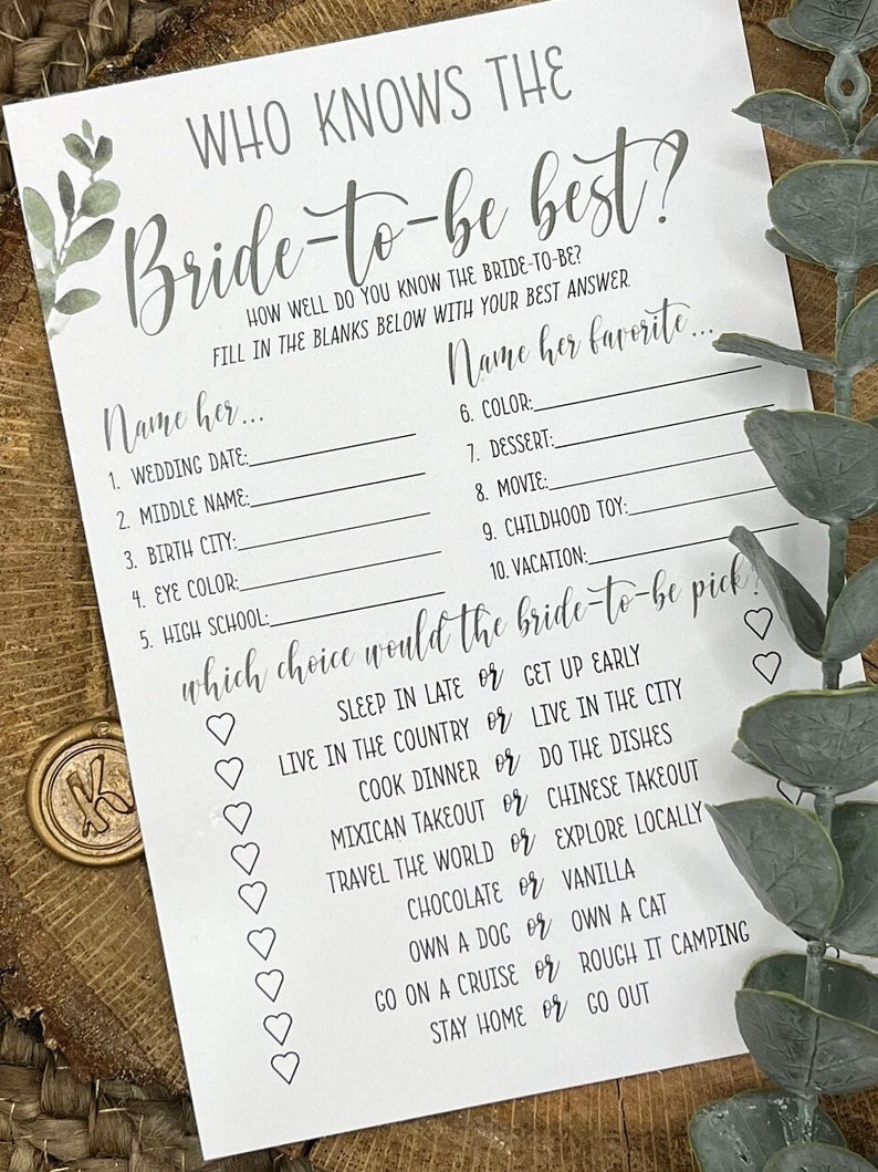 PRINTED GR, Who Knows the Bride-to-be Best? Bridal Shower Wedding Game ...
