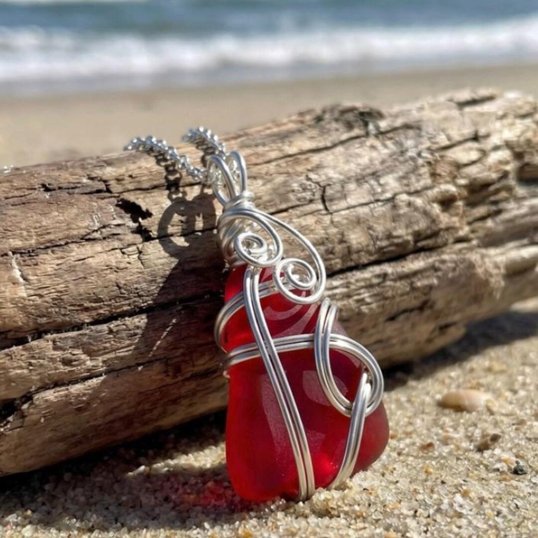 Ruby Red Sea Glass Pendant: Sterling Silver Wire Wrap, Outer Banks ...