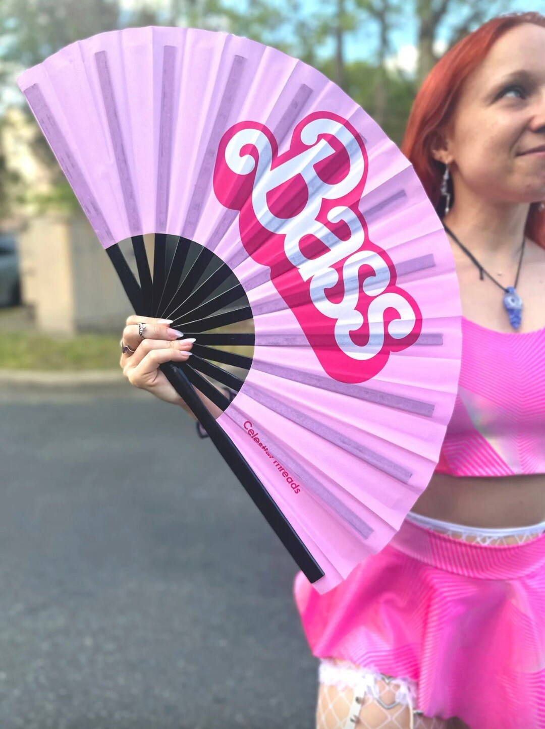 Barbie Bass Fan, Festival Fan, Pink Hand Fan, Wooden Folding Fan, Large ...
