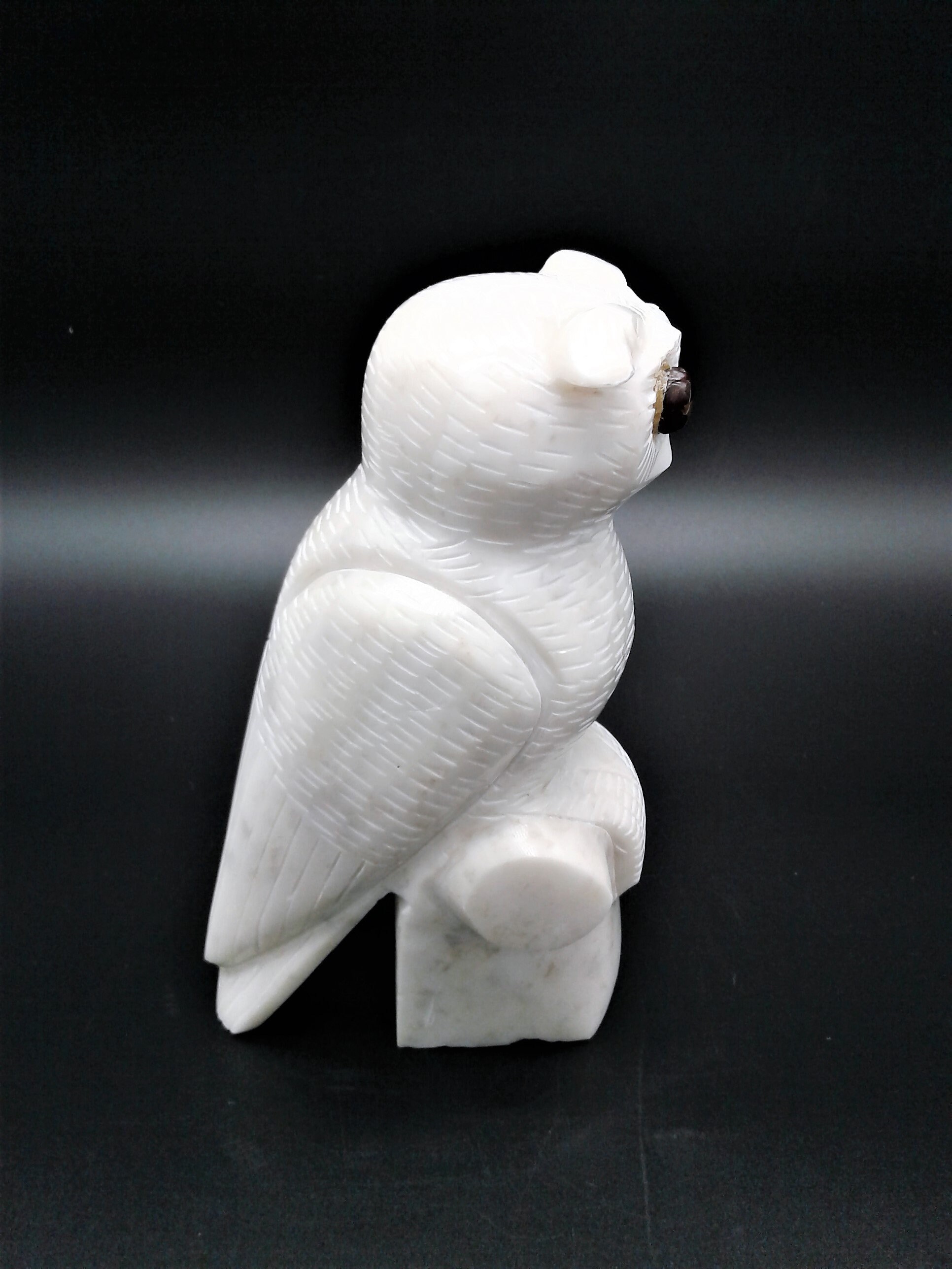 Owl Statue Hand Carved White Marble With Gem Stone Eyes, Snowy Owl ...