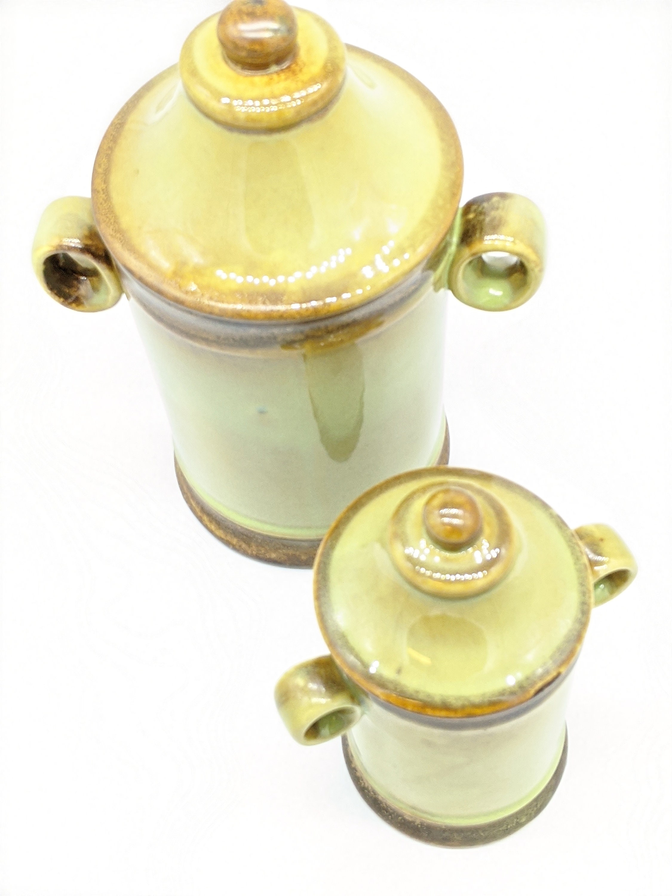 Rustic Boho Pottery Canister Jar Set, Earth Tones, Circle Handles Gold ...