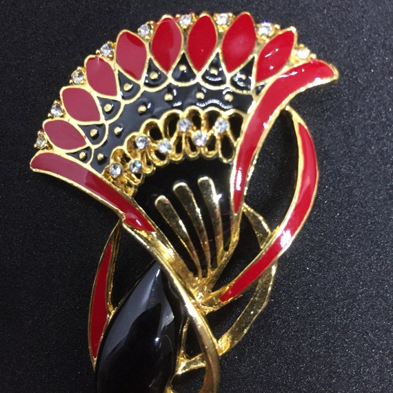 Vintage peacock pin red & black enamel and rhinestones - Gem