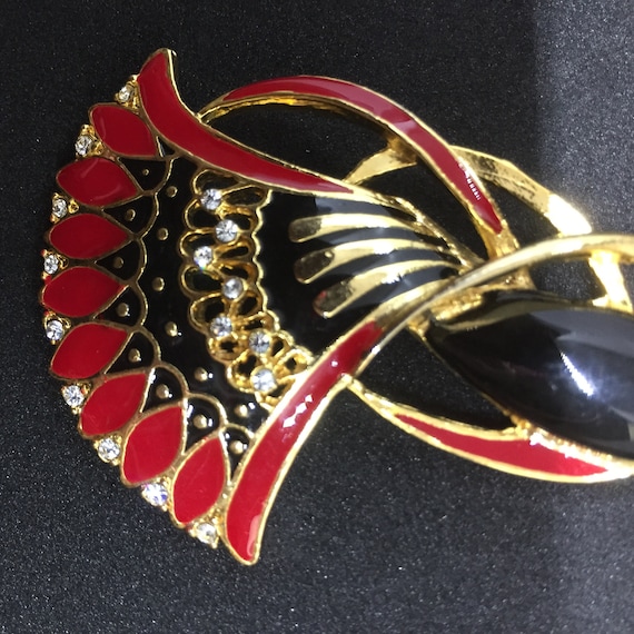 Vintage peacock pin red & black enamel and rhinestones - Gem