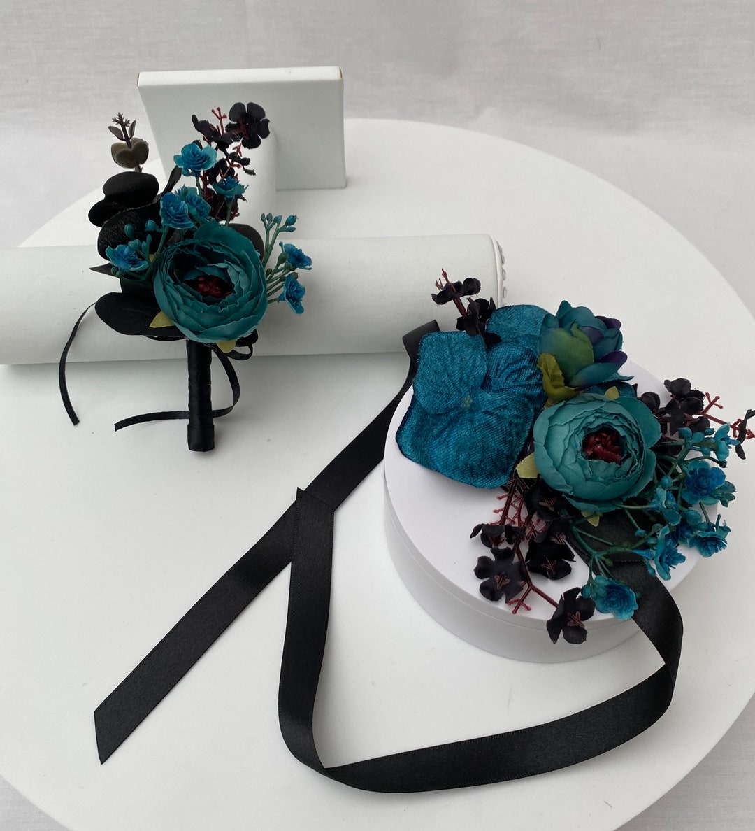 Realistic Artificial Custom Gothic Teal & Black Prom / Wedding Corsage ...