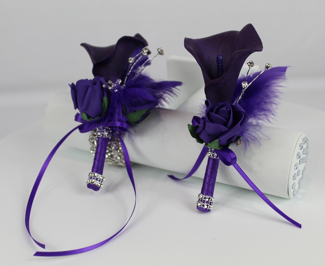 Realistic Artificial Purple Cala Lily & Rose Prom / Wedding Corsage ...