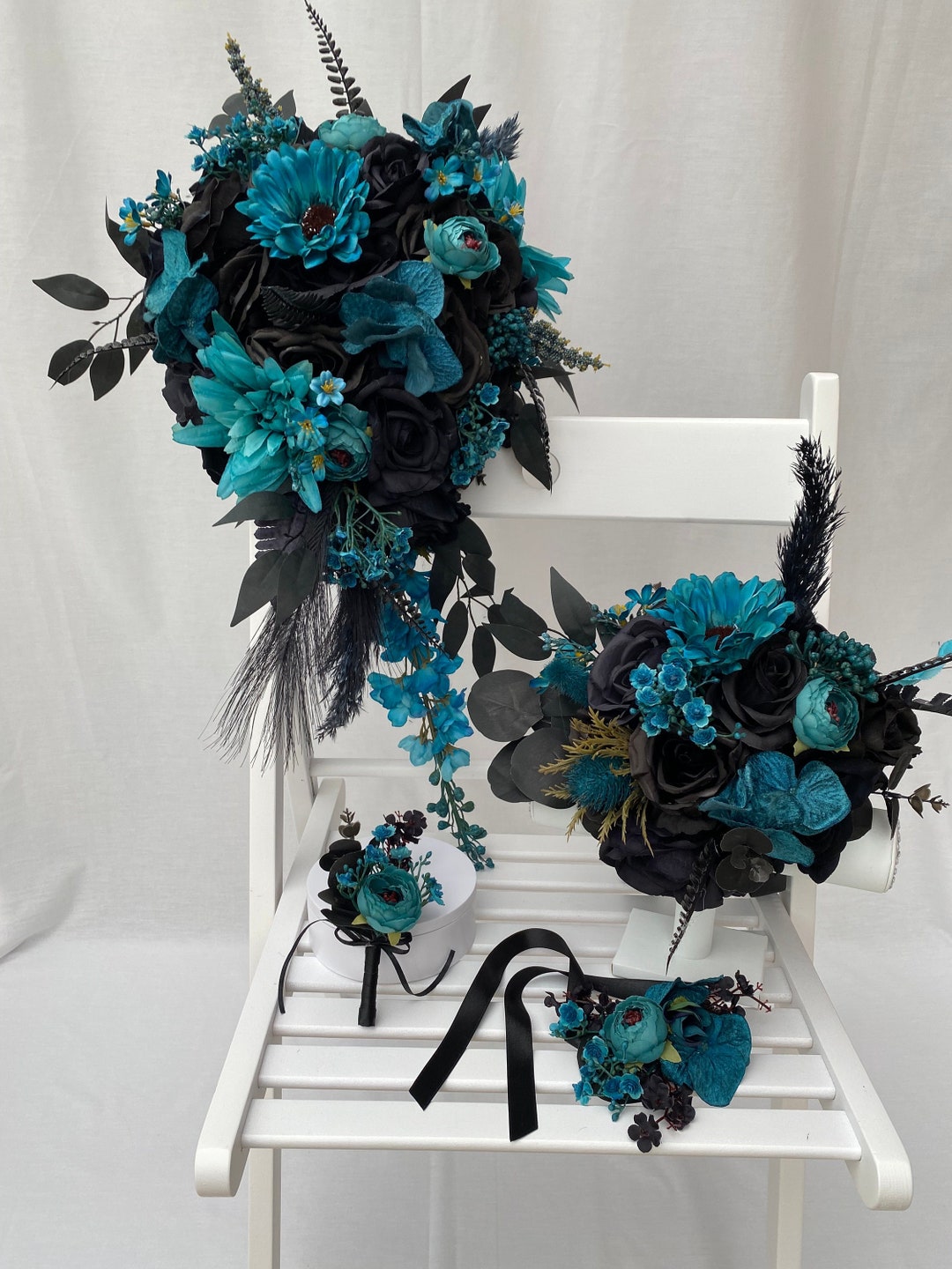 Custom Realistic Artificial Gothic Teal and Black Cascading Wedding ...