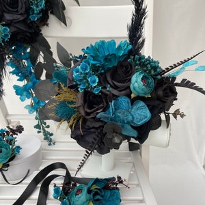 Custom Realistic Artificial Gothic Teal & Black Wedding Bouquet - Etsy