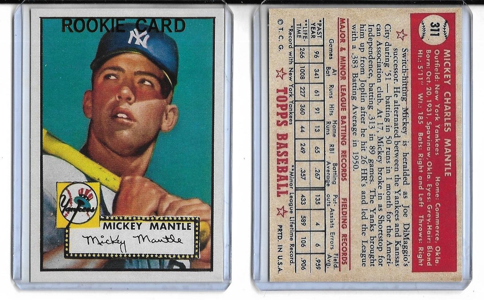 1952 TOPPS 311 MICKEY MANTLE Rookie Reprint Card | Etsy