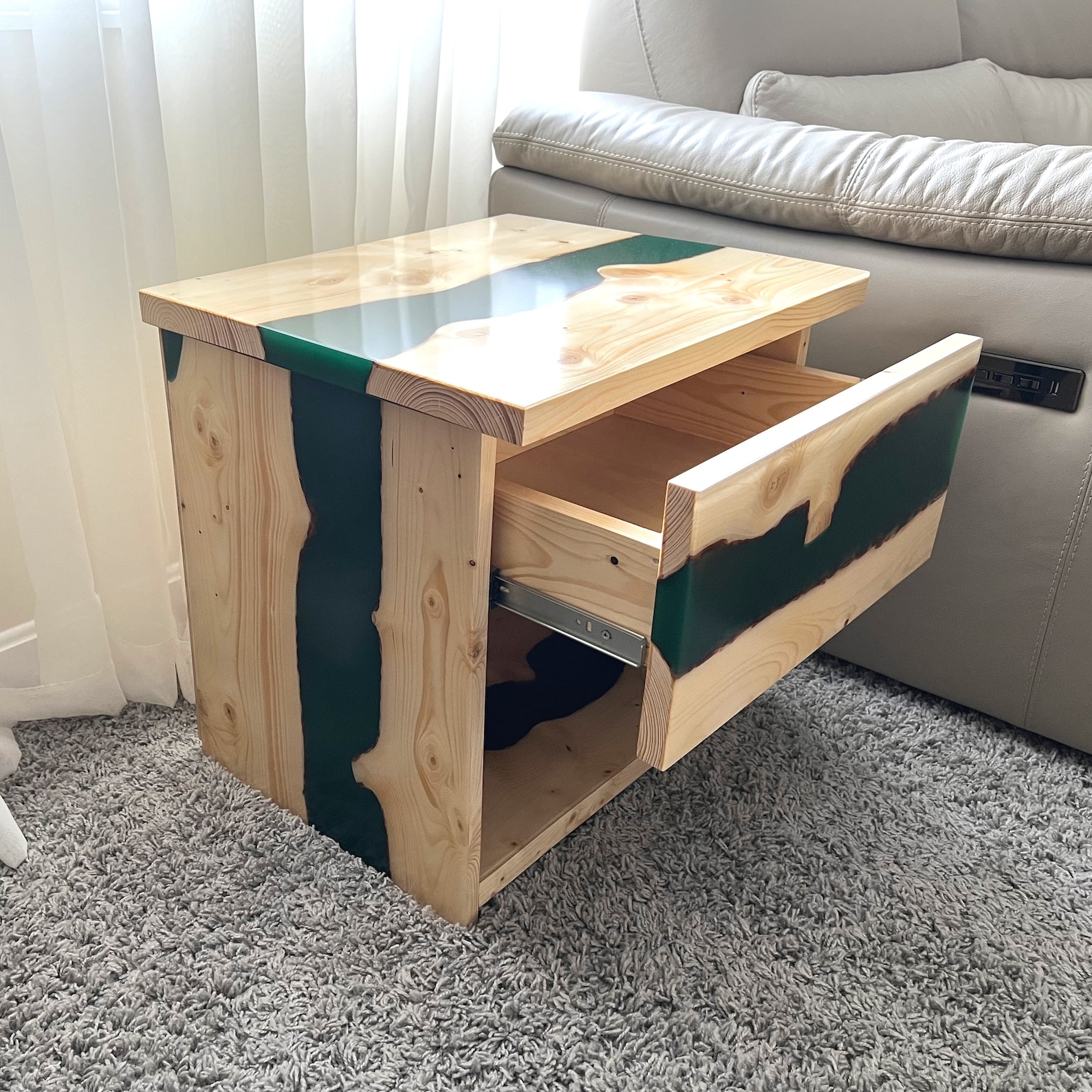 Pine & Emerald Epoxy Resin Nightstand With Drawer - Etsy
