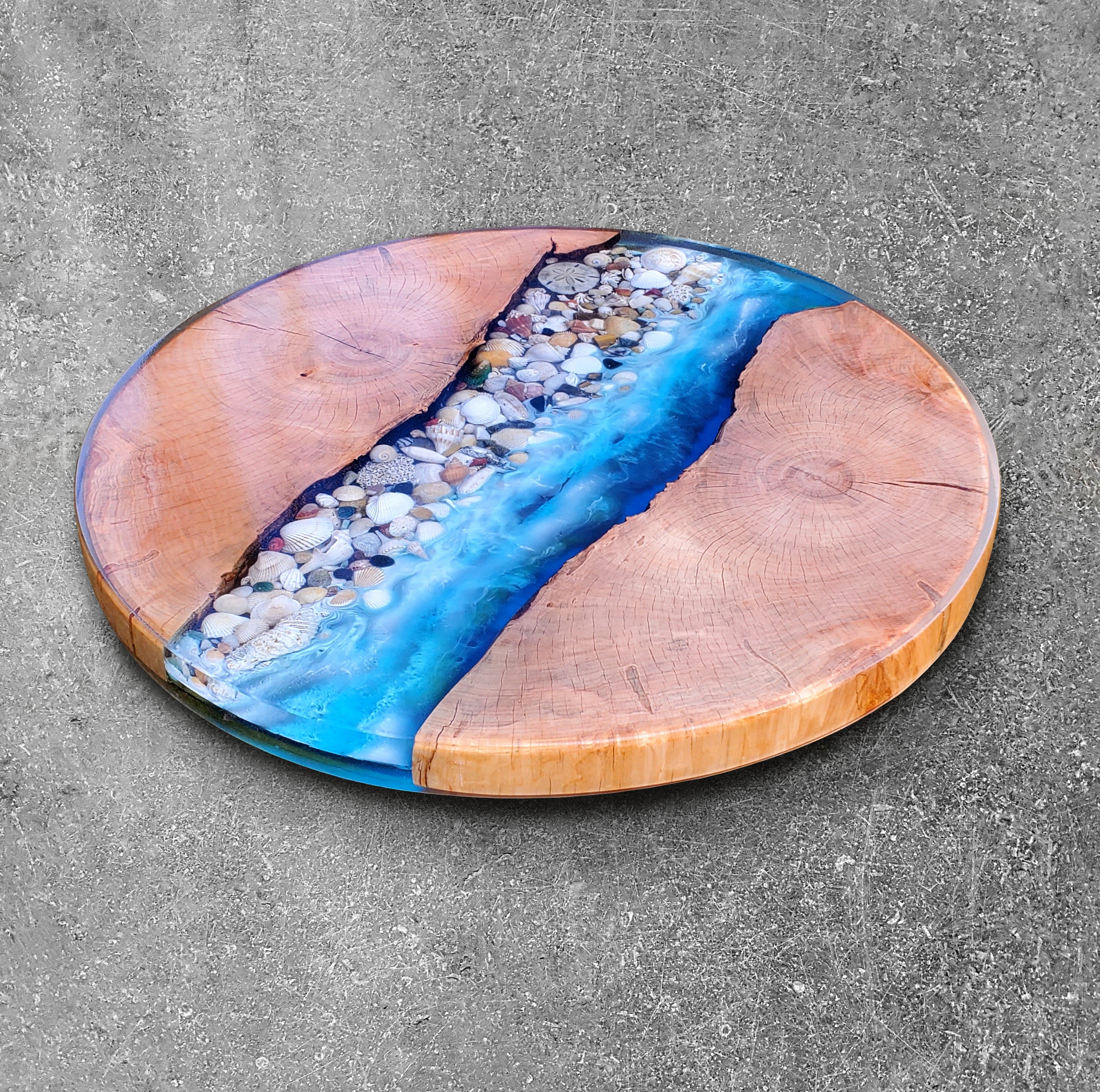 Round Epoxy Resin Table: Live Edge Wood, Shells & Rocks (30 Inches) - Etsy