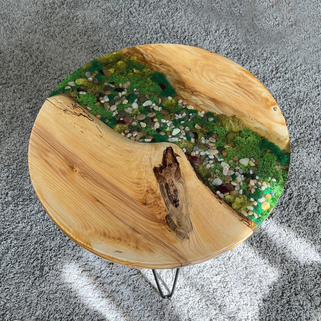 Round Live Edge Epoxy Table: Rocks & Moss Inlay, Hairpin Legs - Etsy